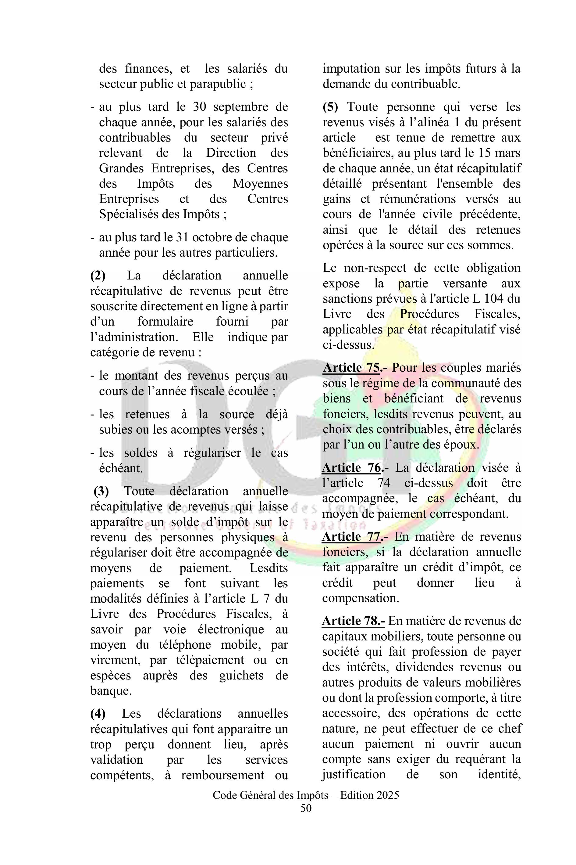 CODE GENERAL DES IMPOTS Mis à jour au 1er janvier 2025 | Direction Générale des Impôts (DGI)